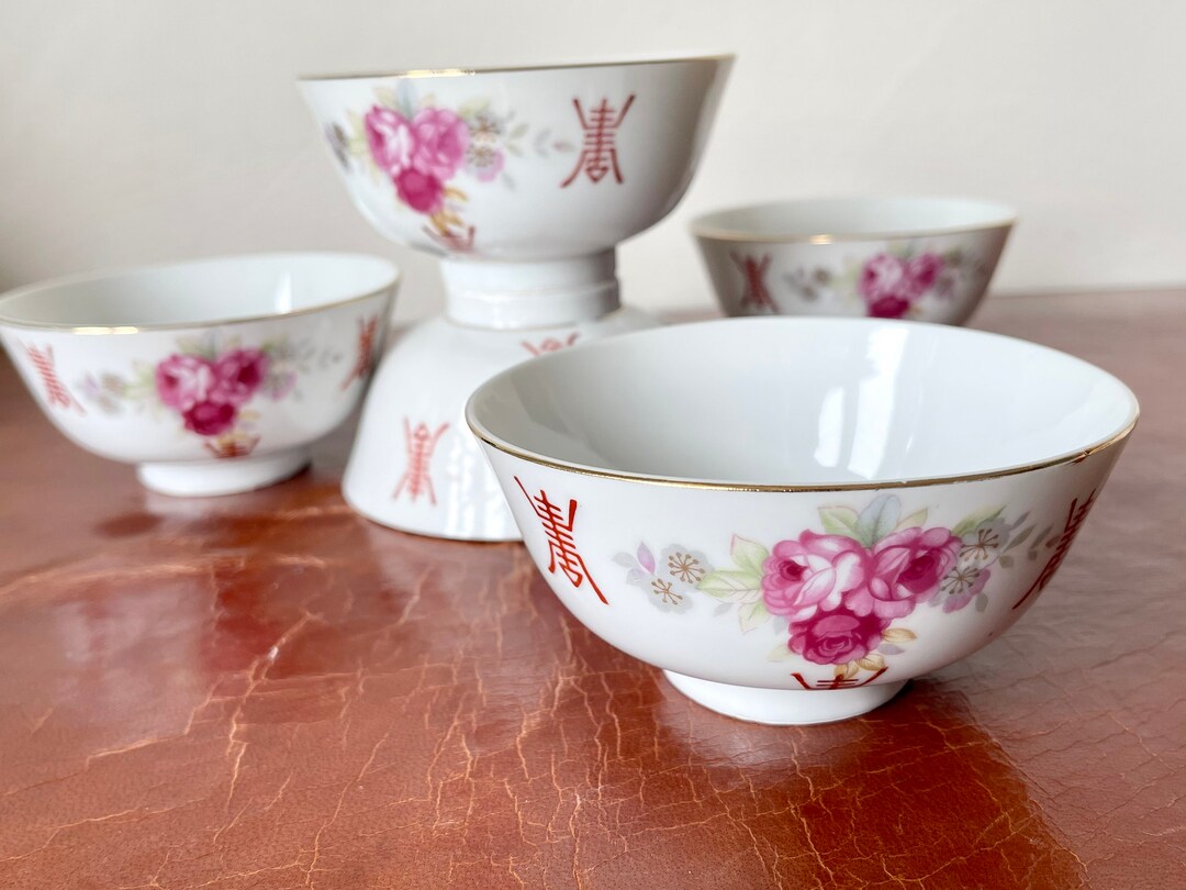 Vintage Mun Shou Porcelain Rice Bowls Set of 5 Pink Rose Design Shou ...