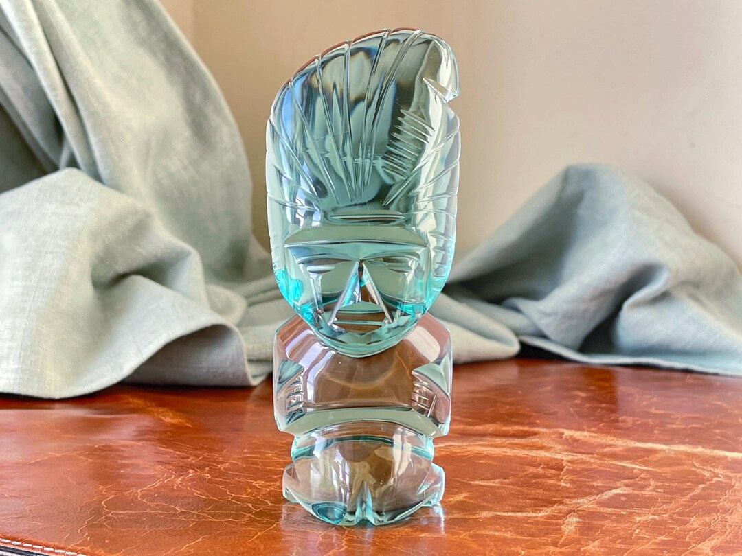 Vintage Carved Glass Inca Warrior Statue Heavy Blue Glass Inca Figure ...