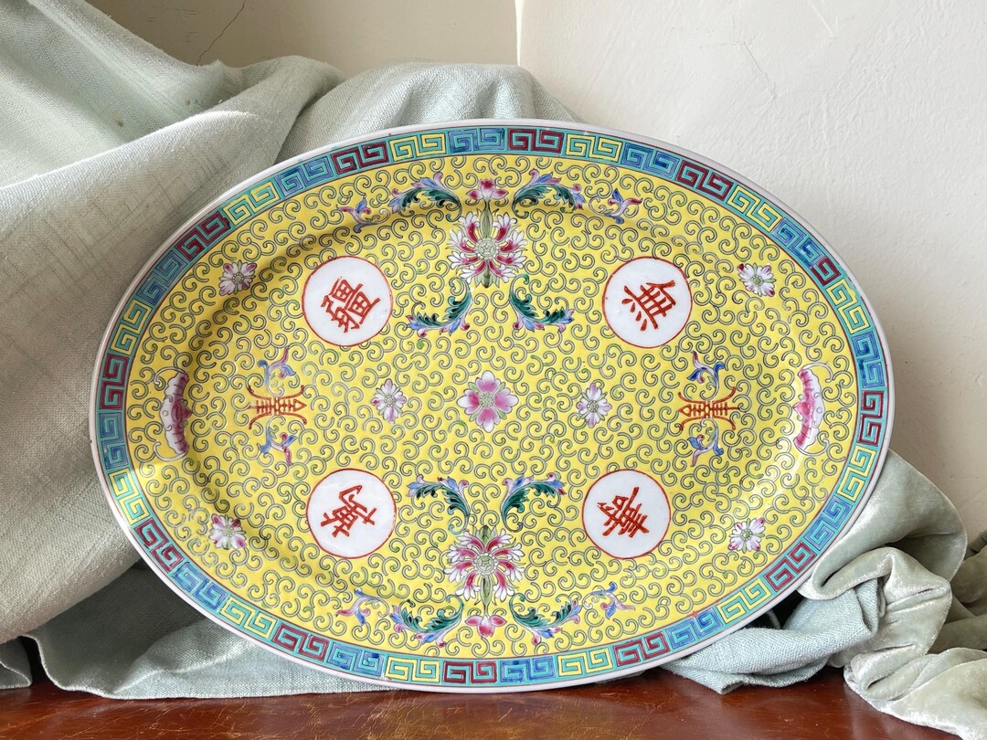 Vintage Chinese Mun Shou Porcelain Oval Platter Wanshou Wujiang ...