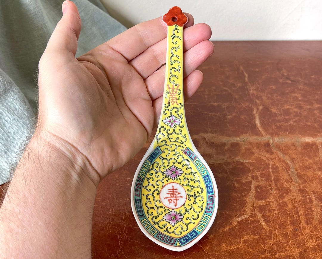 Vintage Yellow Chinese Mun Shou Spoon Enameled Porcelain Longevity ...