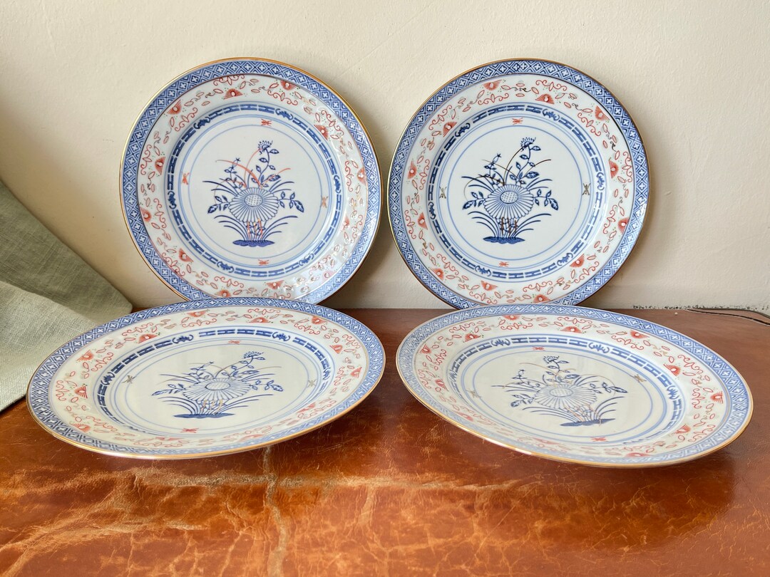 Vintage Chinese Rice Grain Pattern Porcelain Plates Set of 4 Blue and ...
