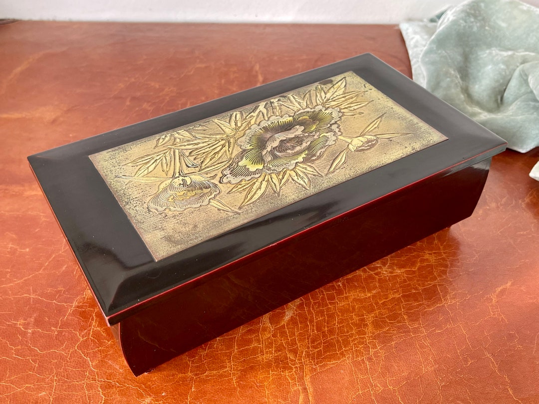 Japanese Lacquer Music Jewelry Box Engraved Metal Chokin Floral Inlay ...
