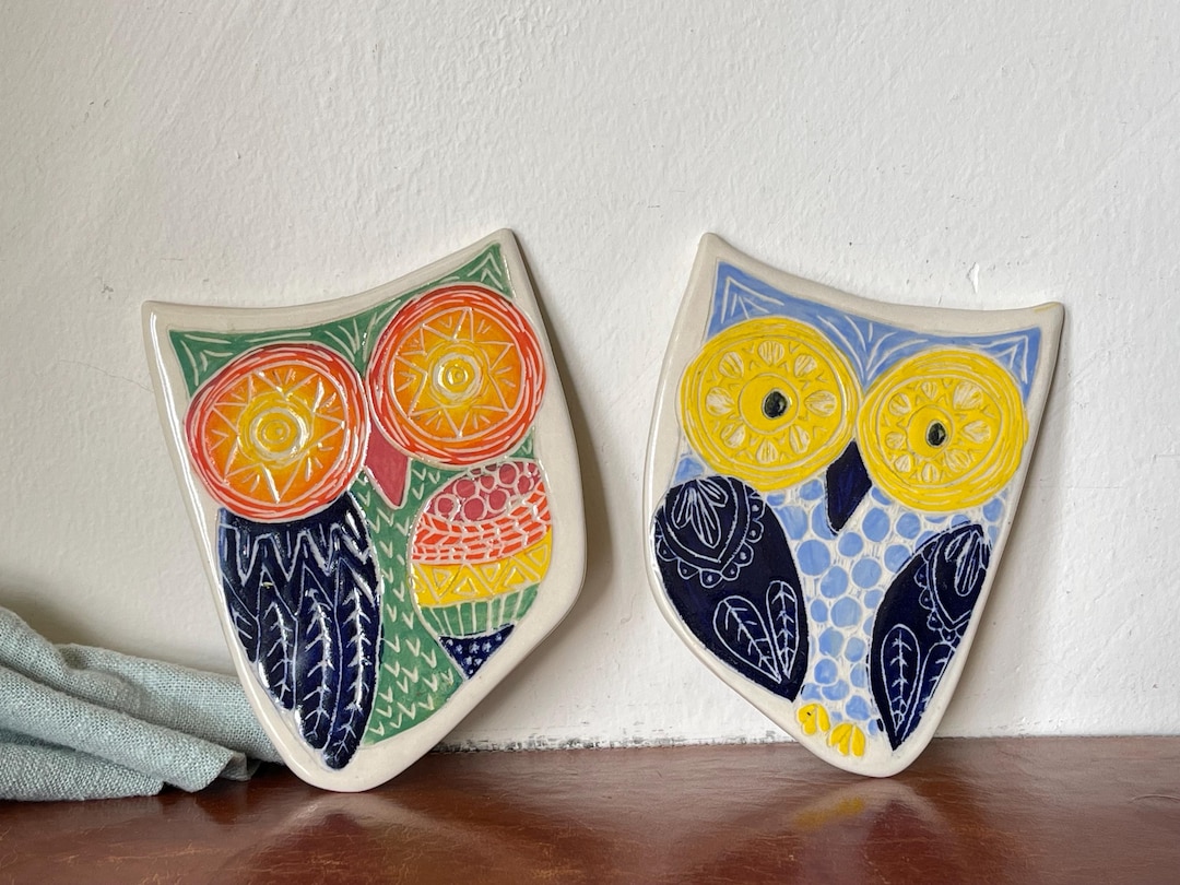 Folk Art Ceramic Owl Wall Trivets Set of 2 Hand Made Art Pottery Owl ...