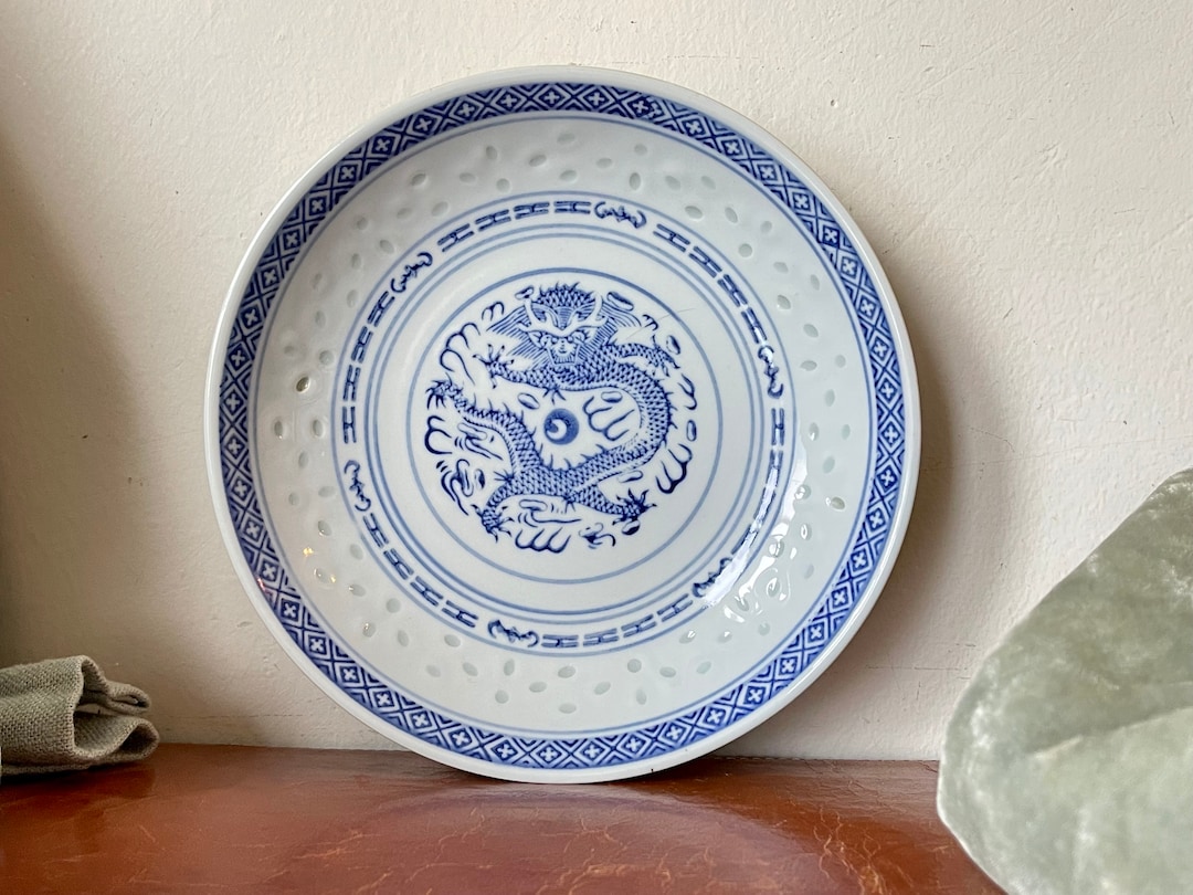 Vintage Chinese Dragon Rice Grain Pattern Serving Bowl 1970s Blue and ...