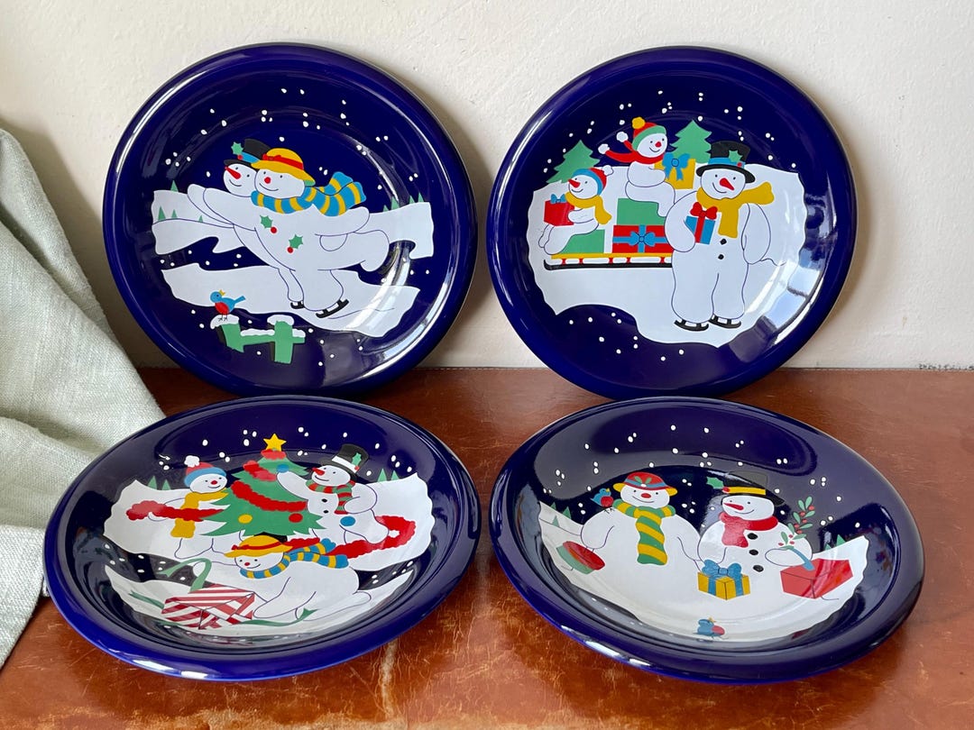 Vintage Christmas Snowman Plates Set of 4 Lillian Vernon Blue Snowman ...