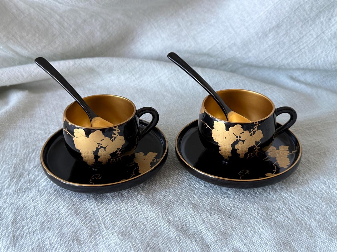 1930’s Japanese Lacquer Tea Cups and Saucers Set of 2 Hand Painted ...