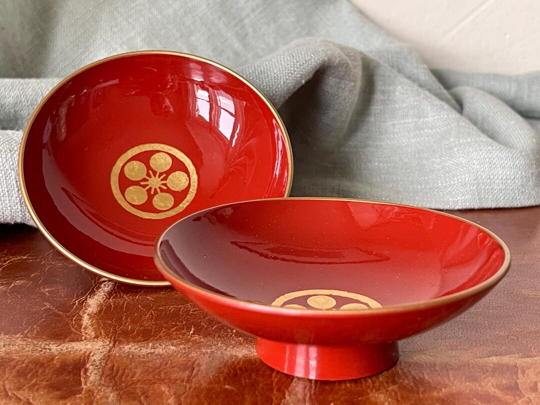 Vintage Japanese Red Lacquer Sake Sakazuki Set of 2 Red Lacquer Sake ...
