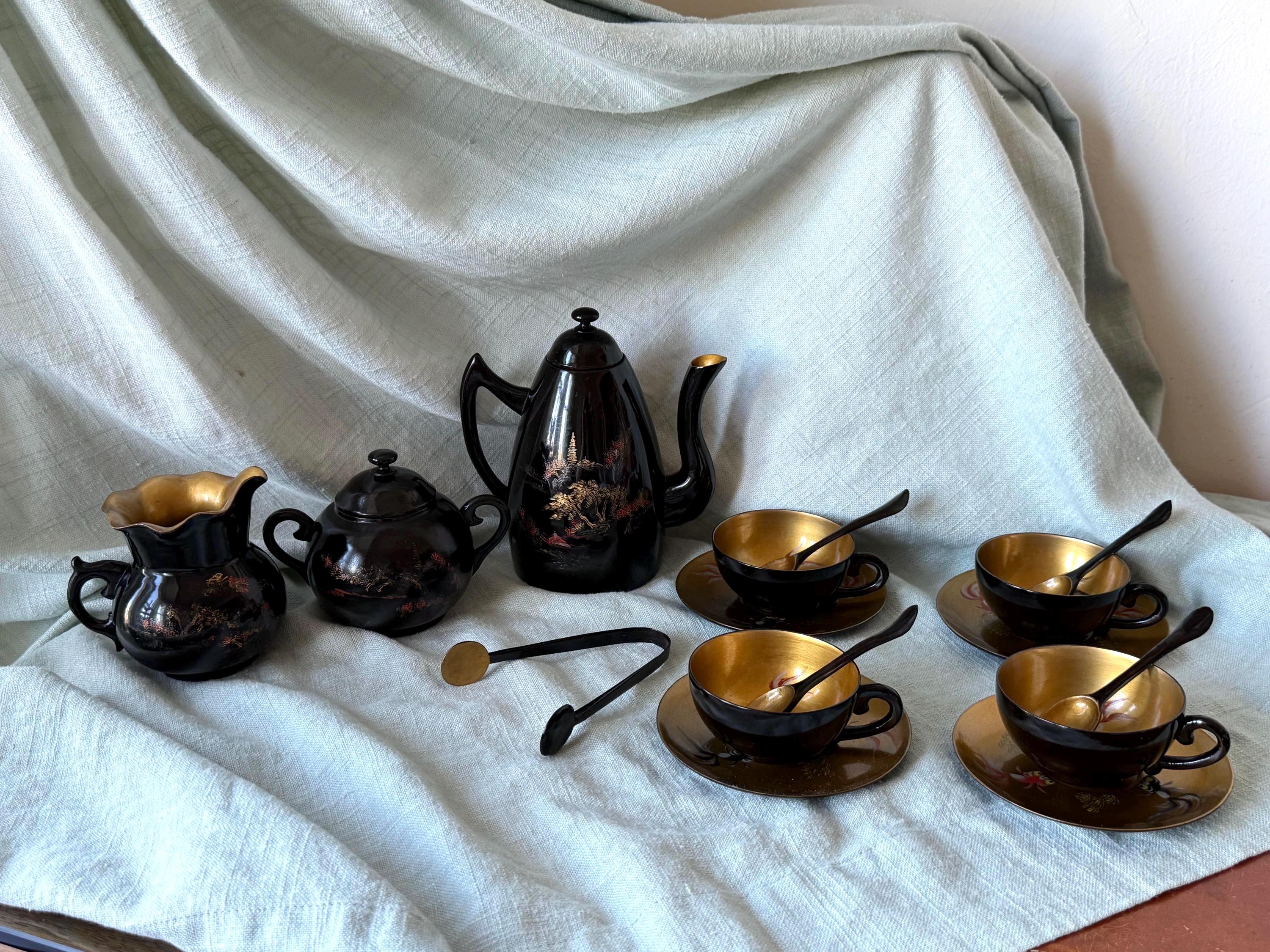 Antique Chinese Foochow Fuzhou Gold Fish Lacquer Tea Set 18 Piece Hand ...