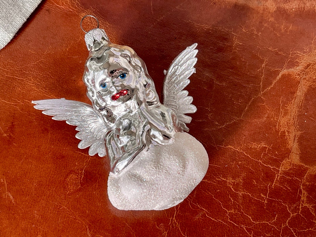 German Glass Angel Ornament Blown Glass Angel on Cloud Silver and White ...