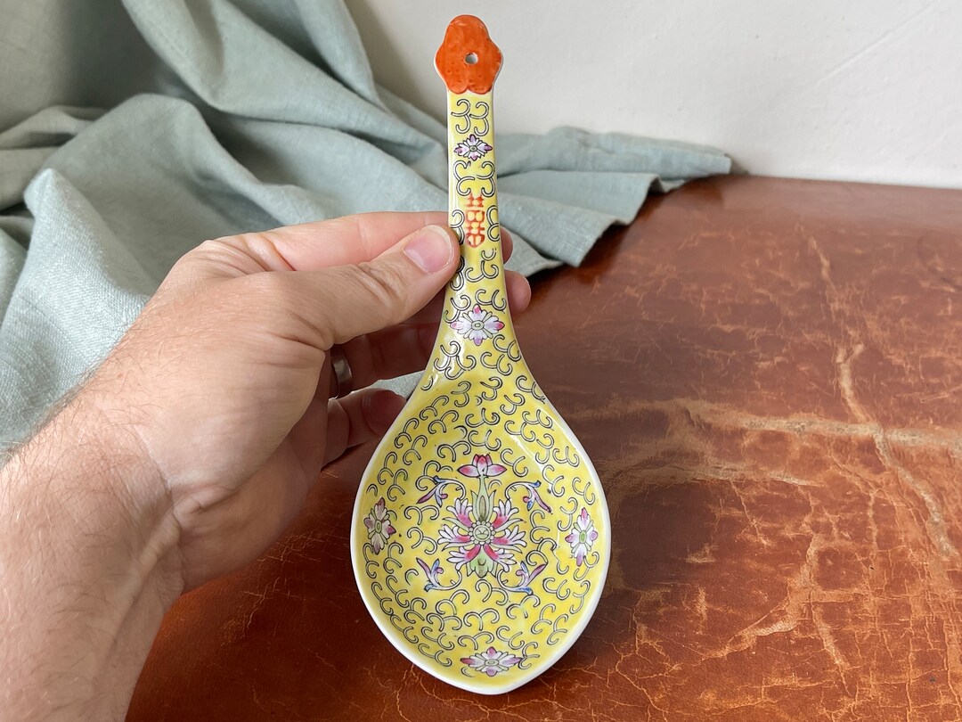 Vintage Chinese Serving Spoon Ladle Yellow Hand Painted Enameled ...