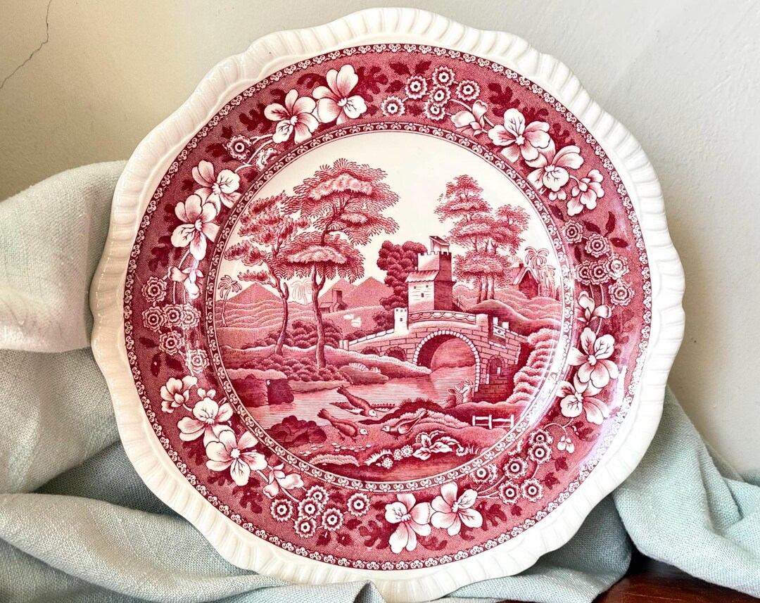 Spode Copeland England Pink Spode’s Tower Dinner Plate Large Size Cranberry Mulberry Transfer ...