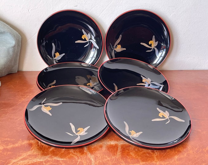 Antique Japanese Black Lacquer Plates Set of 6 Pre War Lacquered Wood ...