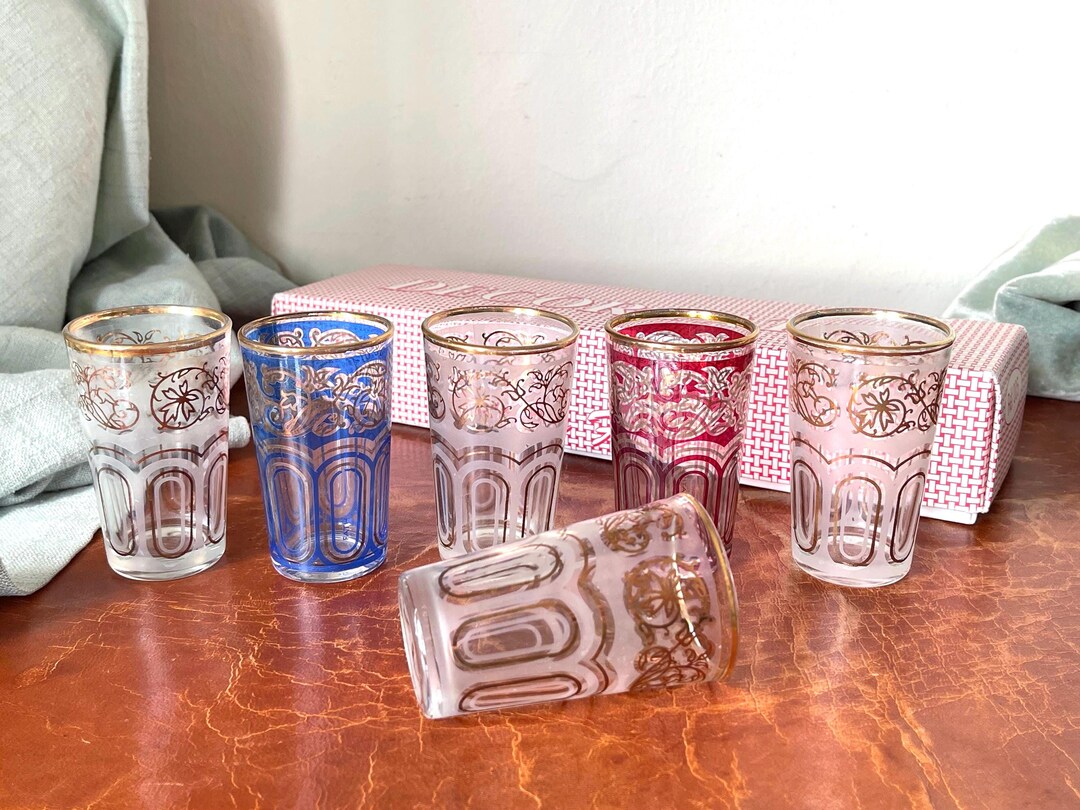 Vintage Moroccan Tea Glasses Set of 6 Blue Red and White Gold Scroll ...