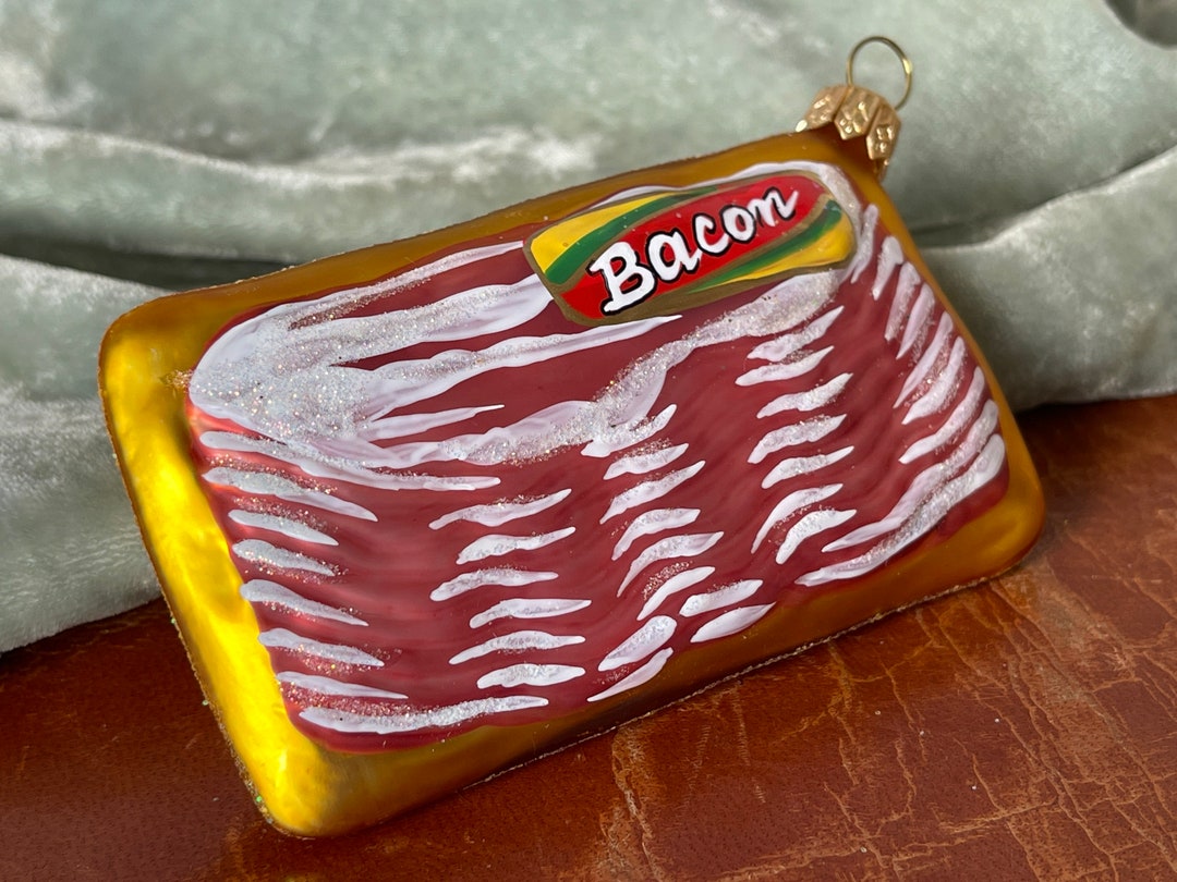 Blown Glass Bacon Christmas Ornament Hand Painted Glittered Figural ...