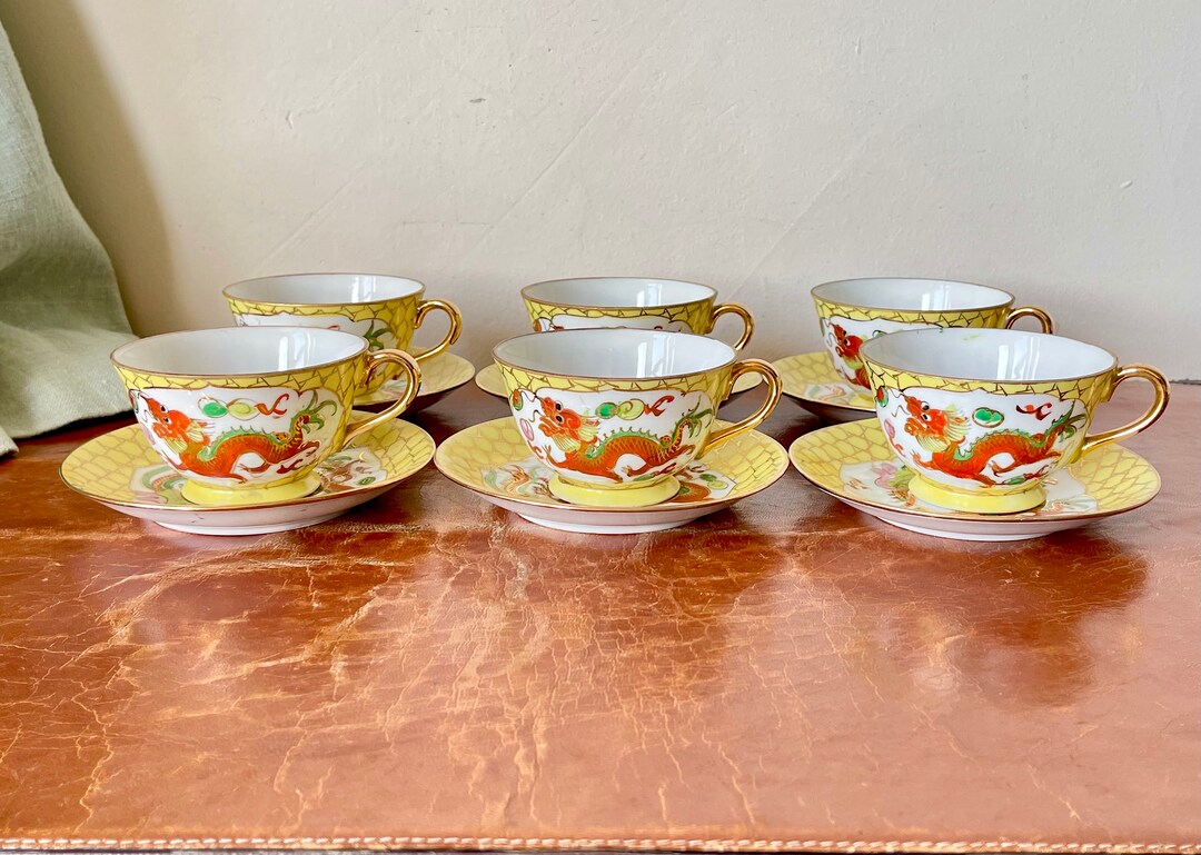 Vintage Chinese Dragon Phoenix Tea Cups and Saucers Set of 6 Hand ...