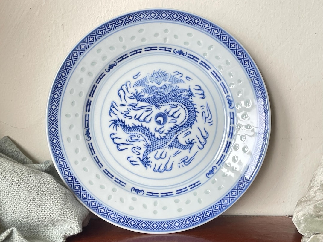 Vintage Chinese Rice Grain Pattern Porcelain Plate Blue and White ...