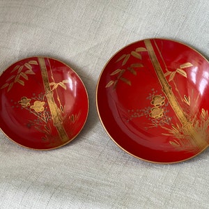 Japanese Antique Lacquer Sake Sakazuki Set of 2 Red Lacquer Sake Bowls ...
