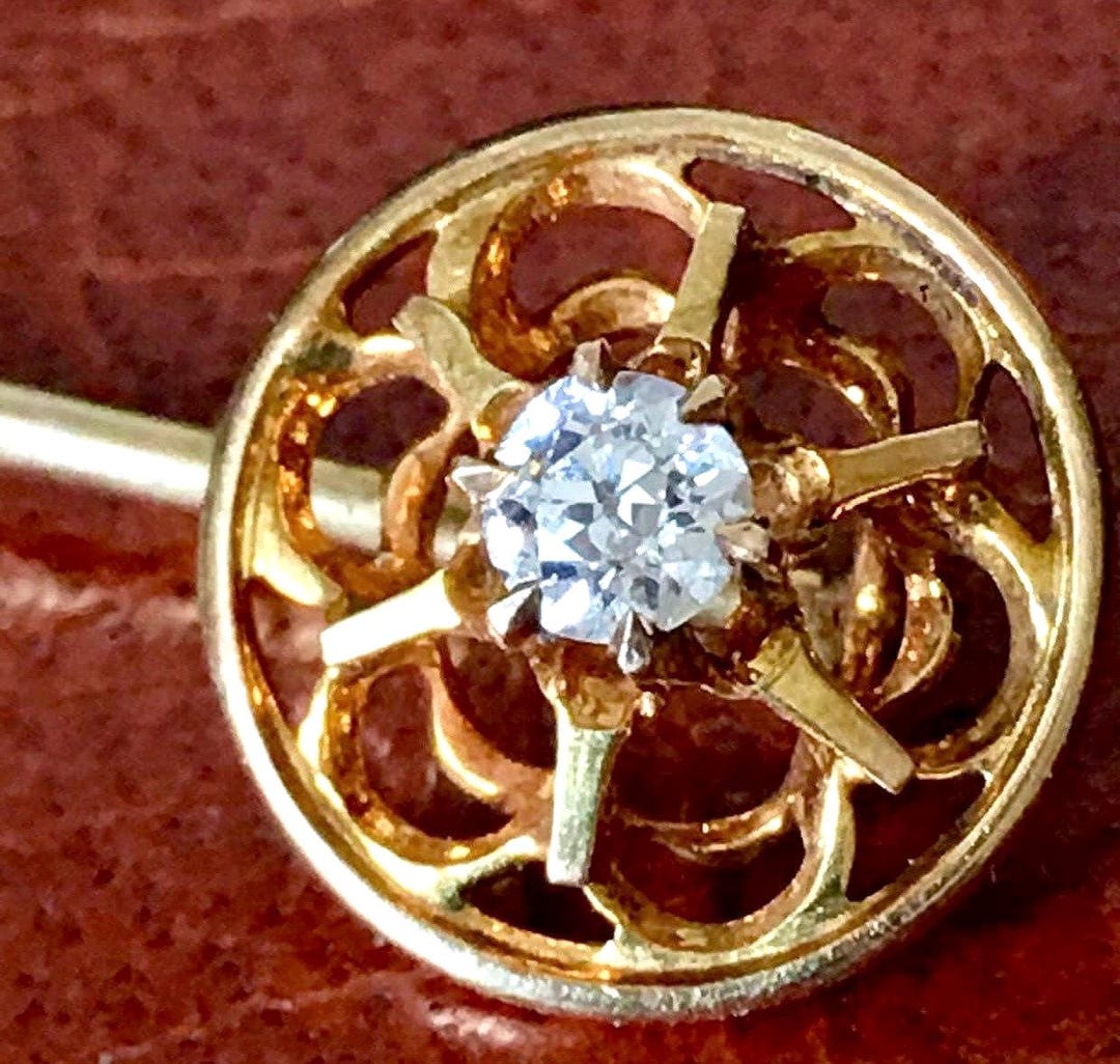 Antique 14k Gold Diamond Stick Pin 1920’s Estate Jewelry Pin Old Mine ...