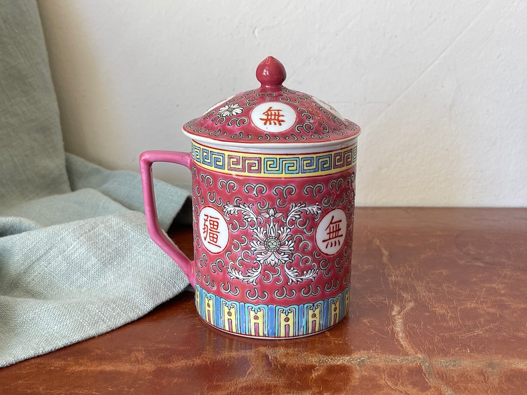 Vintage Chinese Mun Shou Lidded Tea Mug 1970s Porcelain Hand Painted ...