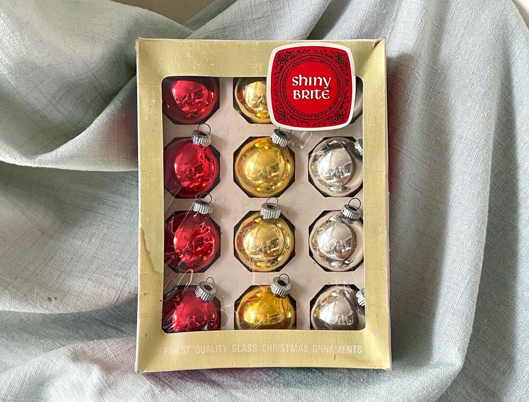 Vintage Shiny Brite Glass Christmas Tree Ornaments Set of 12 in Box 1. ...