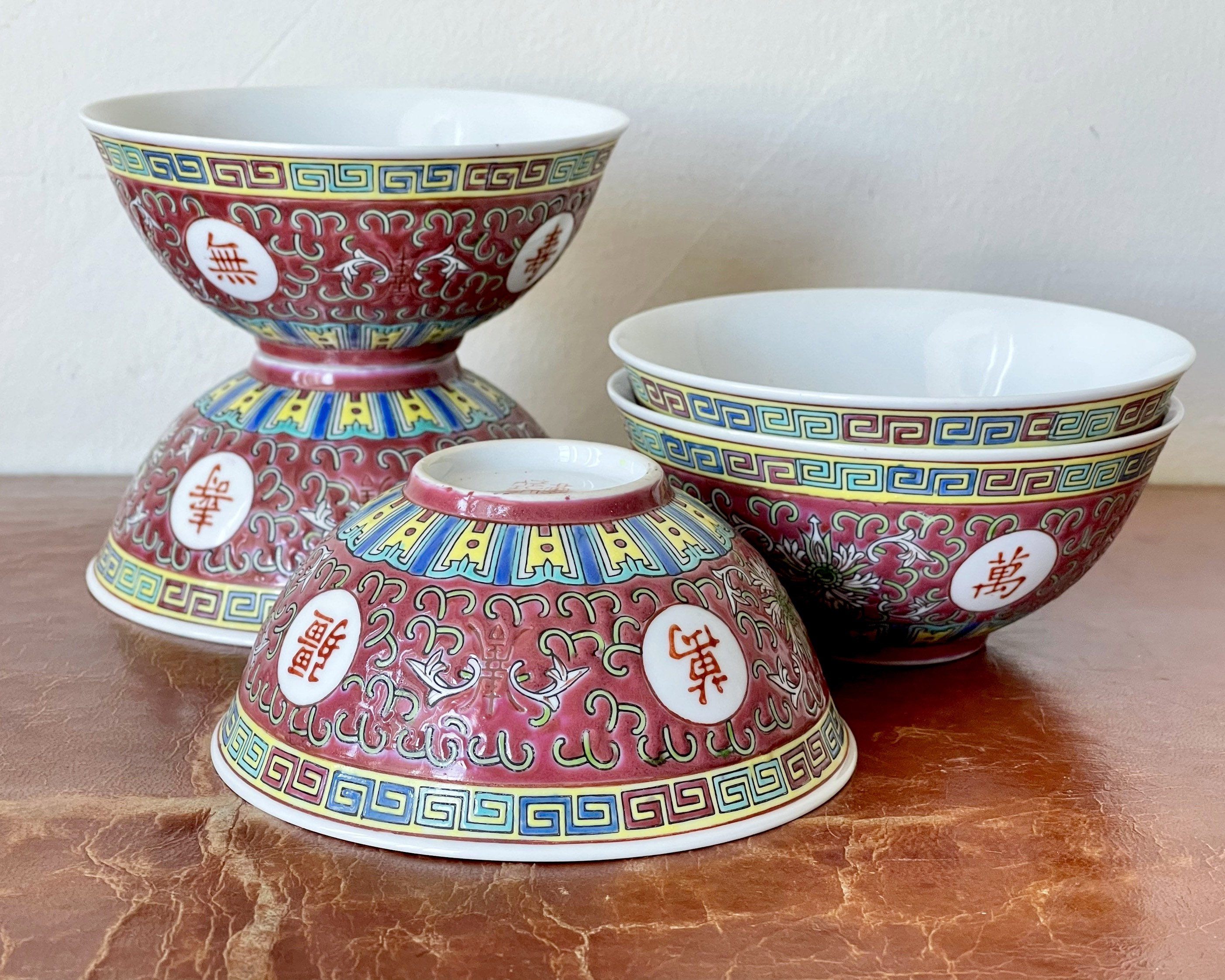 Chinese Mun Shou Porcelain Rice Bowls Set of 5 Hand Painted - Etsy
