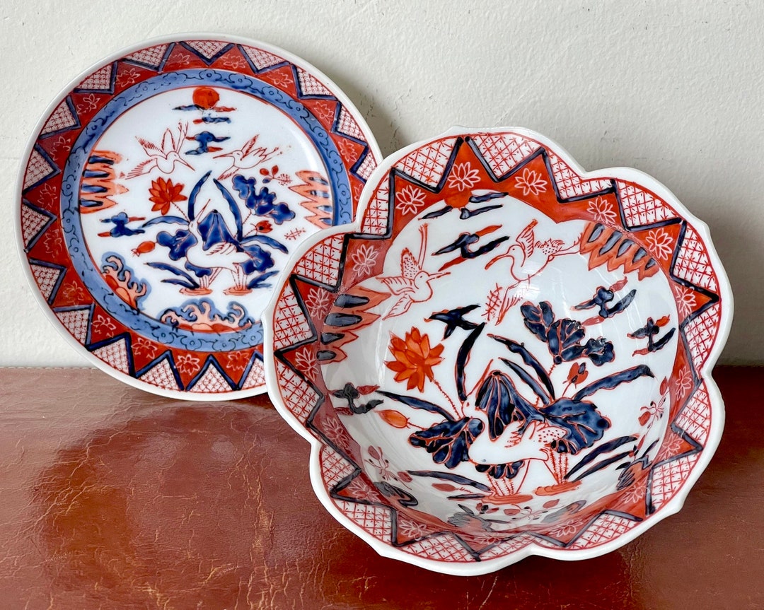 Vintage Japanese Imari Porcelain Lotus Bowl and Dish 2 Piece Set Crane ...