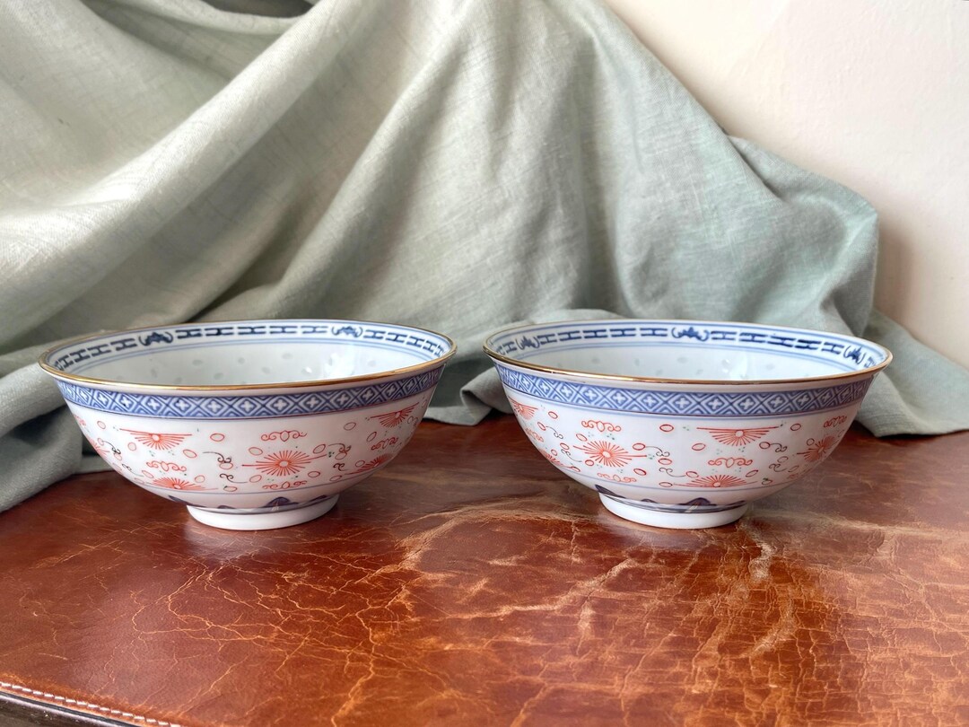 Vintage Chinese Dragon Rice Grain Pattern Serving Bowls Set of 2 Blue ...