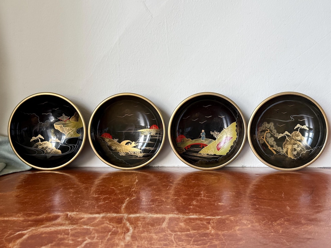 Antique Japanese Lacquer Bowls Set of 4 1930’s Art Deco Era Gilded and ...