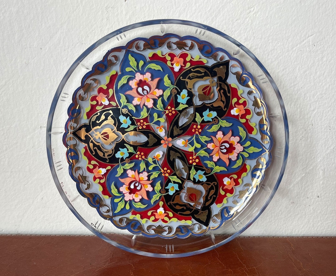 Vintage Turkish Hand Painted Glass Plate Pasabahce Reversed Painted Gilded Ottoman Style Painted ...