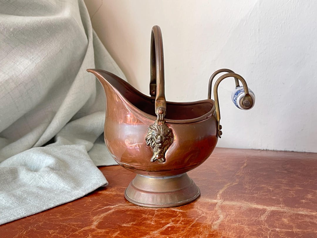Antique Hammered Copper Coal Scuttle Delft Ceramic Handle Hand Forged ...