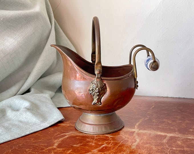 Antique Hammered Copper Coal Scuttle Delft Ceramic Handle Hand Forged ...