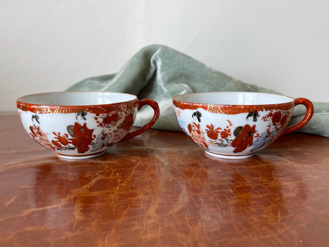 Japanese Kutani Geisha Tea Cups Set of 2 Meiji Era Hand Painted Gilded ...