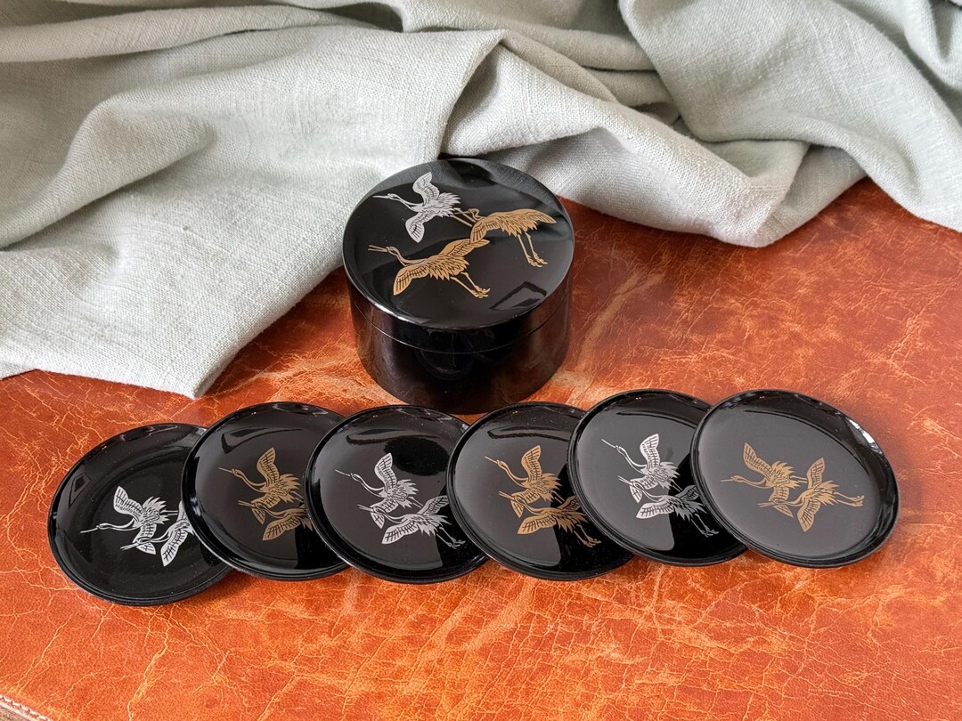 Vintage Black and Gold Lacquer Coasters Set of 6 in Box 1970’s JAL ...