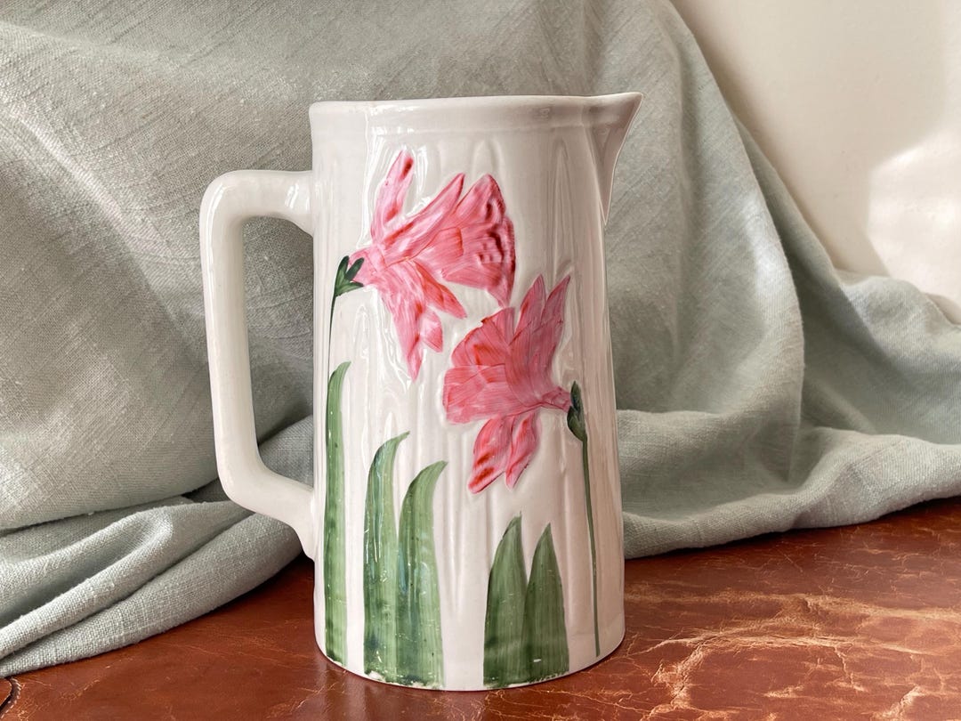 Antique Wheeling Pottery Hand Painted Pink Daffodil Pitcher Early Shape ...