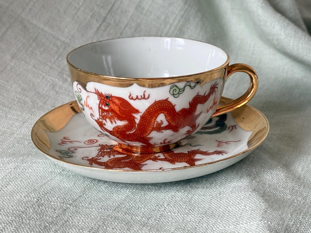 Antique Chinese Dragon Phoenix Tea Cup and Saucer Hand Gilded Porcelain ...