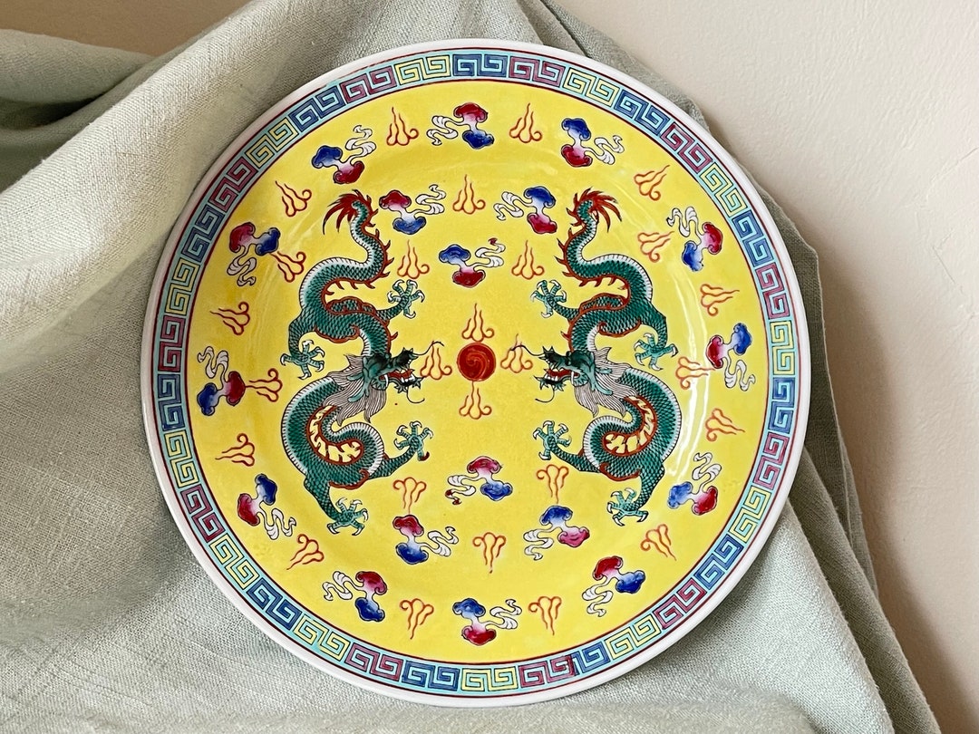 Vintage Chinese Dragon Dinner Plate Hand Painted Yellow Enamel Five ...