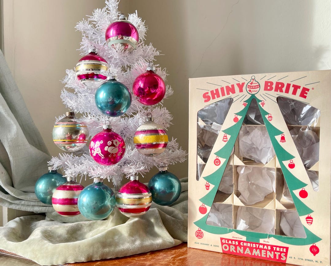 Vintage Shiny Brite Stencil Flocked Ornaments Set of 12 Multicolor 2.25 ...