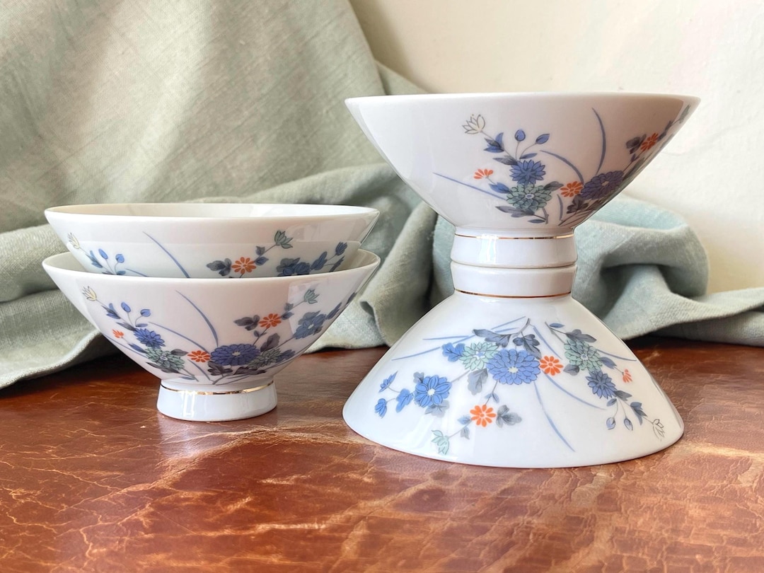 Japanese Porcelain Arita Chawan Rice Bowls Set of 4 Kozan Kama Floral ...