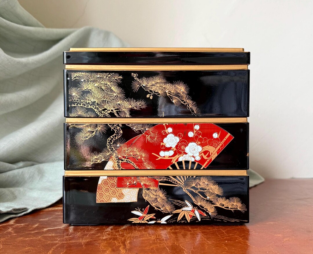 Vintage Japanese Lacquerware Stackable 3 Tiered Bento Box With Lid ...