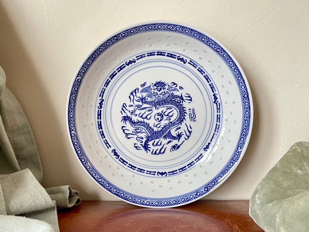 Vintage Chinese Five Claw Dragon Rice Grain Pattern Serving Bowl 1970s ...