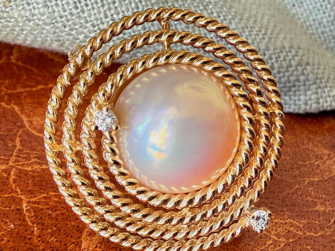 Schlumberger 14k Gold Mabe Pearl and Diamond Brooch Pin 1960’s Tiffany ...