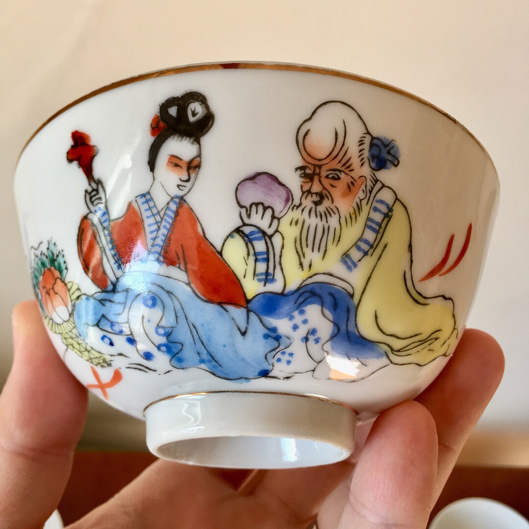 Vintage Hand Painted Porcelain Rice Bowls Set of 5 Shou Bi Nan Shan ...