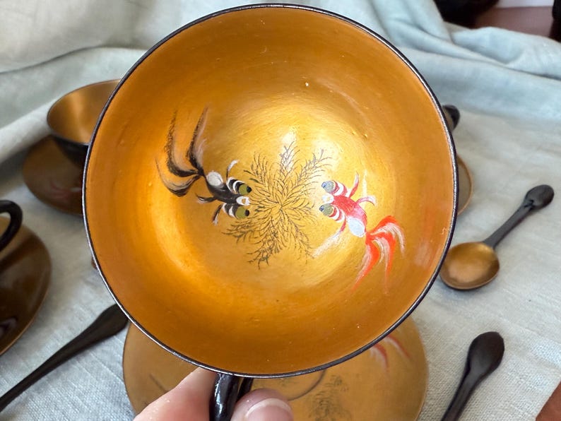 Antique Chinese Foochow Fuzhou Gold Fish Lacquer Tea Set 18 Piece Hand ...