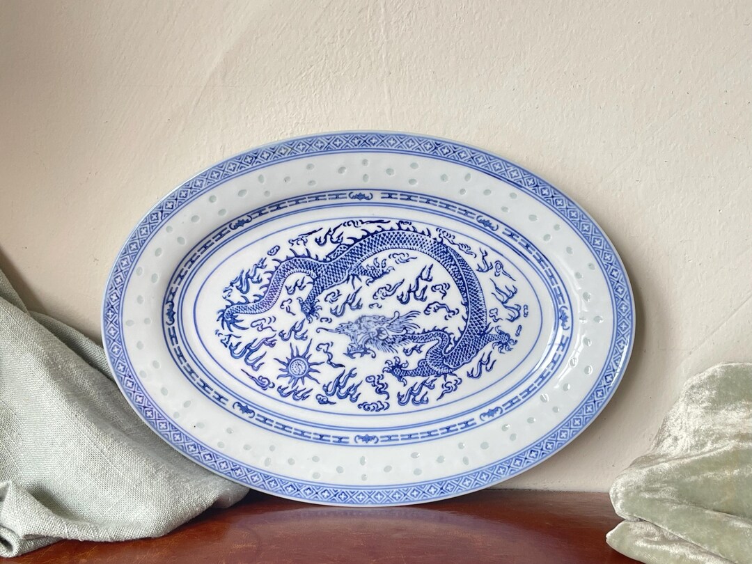 Chinese Dragon Rice Grain Pattern Porcelain Oval Serving Platter 12.25 ...