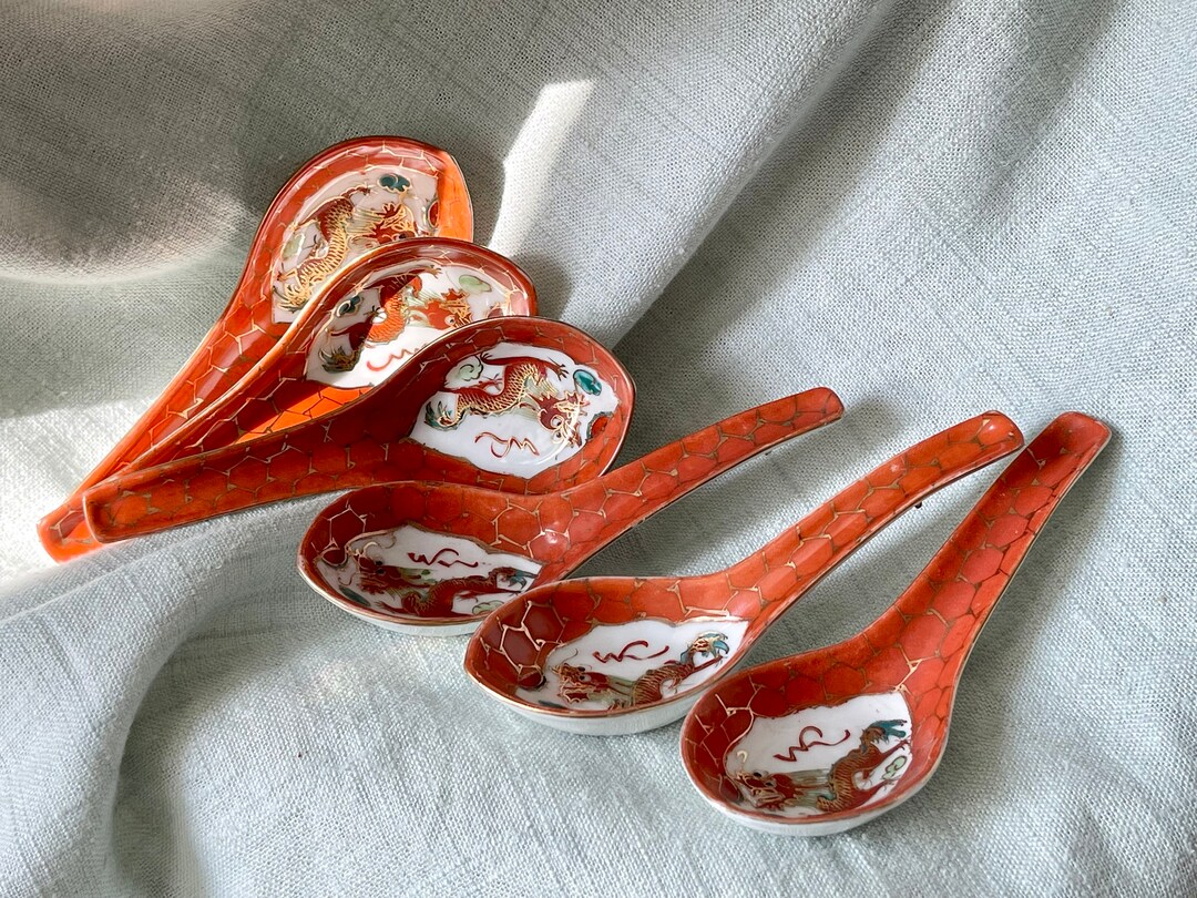 Antique Chinese Porcelain Spoons Set of 6 Hand Painted Dragon Soup ...