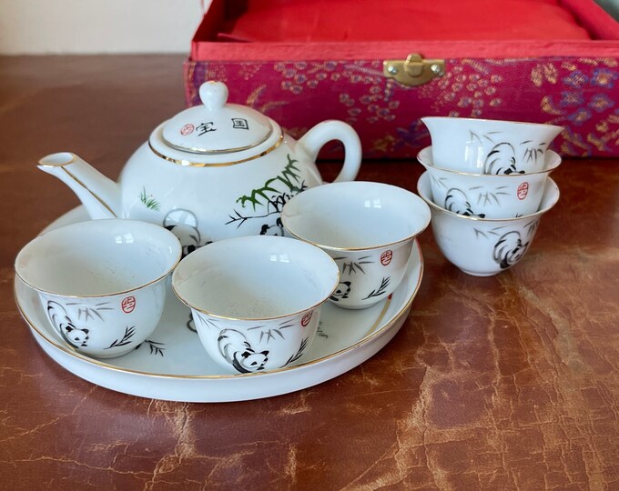 Vintage Chinese Hand Painted Porcelain Panda Tea Set 9 Piece Panda and ...
