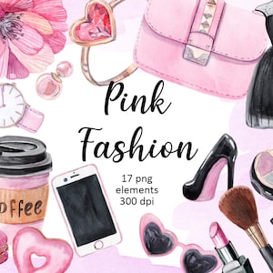Watercolor Fashion Clipart Pink Accessories Png Makeup Clip | Etsy