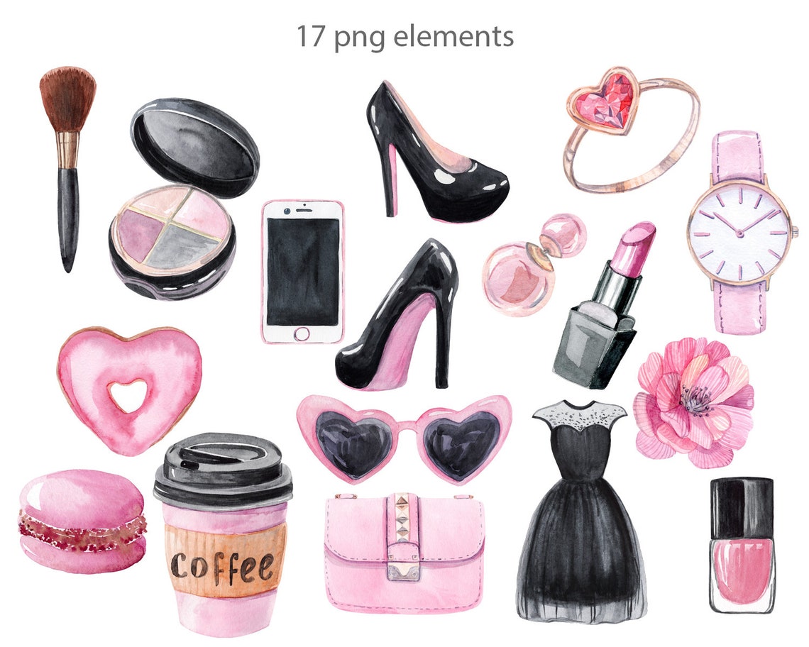 Watercolor Fashion Clipart Pink Accessories Png Makeup Clip | Etsy