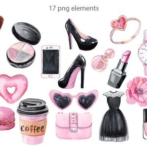 Watercolor Fashion Clipart Pink Accessories Png Makeup Clip | Etsy