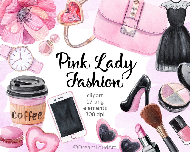 Watercolor fashion clipart with pink woman accessories | Etsy